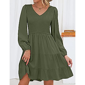 ZESICA Women's Casual V Neck Long Sleeve Smocked High Waist Ruffle A Line Tiered Mini Dress,ArmyGreen,Medium
