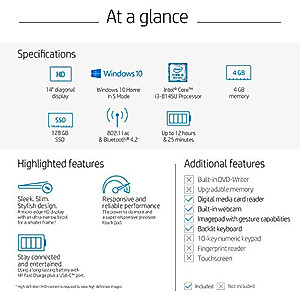 HP 14-Inch Laptop, Intel Core i3-8145U Processor, 4 GB SDRAM, 128 GB Solid-State Drive, Windows 10 Home in S Mode (14-df1020nr, Natural Silver)