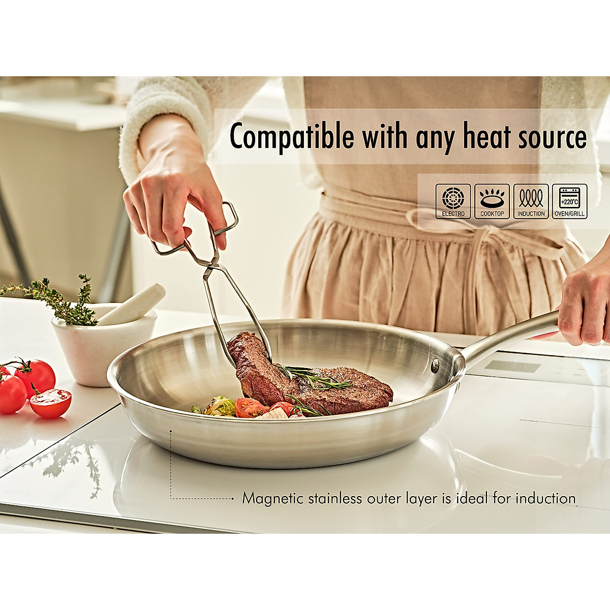 CHEF TOPF 5-ply Stainless Steel Frying Pan 11inch, Full 5-Ply Clad Construction Professional Grade Pan, Brushed Finish, Induction Cooking Pan, Oven Safe, Dishwasher Safe