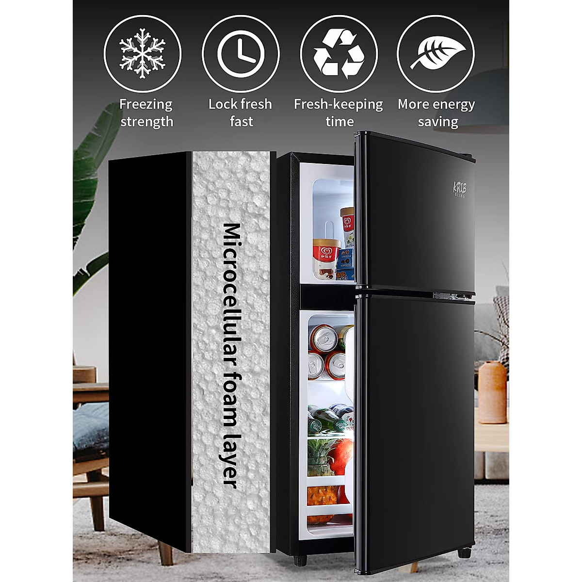 KRIB BLING 3.5 Cu.Ft Compact Refrigerator Mini Fridge with Freezer,7 Level Adjustable Thermostat Removable Shelves Small Refrigerator for Office Dorm Apartment Black