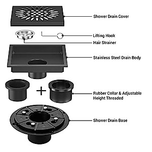 EXF Square Shower Floor Drain 6 Inch Matte Black, Stainless Steel Shower Drain Kit with Flange, Removable Floral Pattern Drain Cover, Hair Strainer