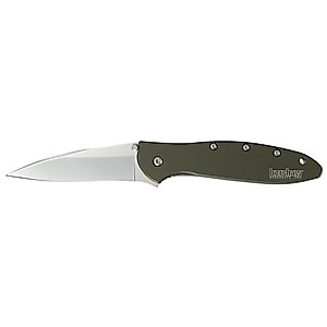 Kershaw Leek Pocket Knife, Olive Drab (1660OL) 3 Bead-Blasted Sandvik 14C28N Steel Blade, Olive Drab Anodized Aluminum Handle with SpeedSafe Assisted Opening, Liner Lock, Tip-Lock Slider; 2.4 OZ.