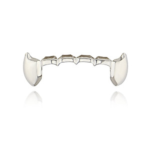OOCC 18K Gold Plated Hip Hop Teeth Grillz Caps Iced Out CZ Top and Bottom Vampire Fangs Grillz for Your Teeth (Silver)