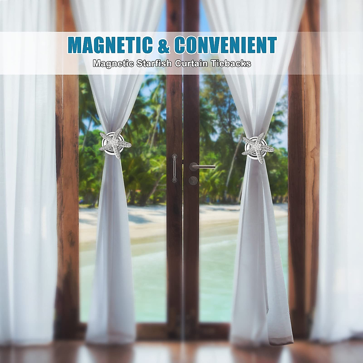 KOLAKO Curtain Tiebacks, Magnetic Curtain Holdbacks Silver Crystal Drapery Magnet Pearl Decorative Modern Curtain Buckle Starfish Metal Curtain Holders No Drill, Ties Backs for Curtains 4 Pack