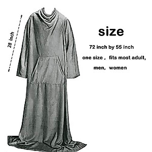 Fleece Wearable Blanket with Sleeves and Kangaroo Pocket for Women Man Adult, Super Soft Warm TV Throw Blanket with Snap Button, Body Wrap Robe Blankets with Arms, Gray