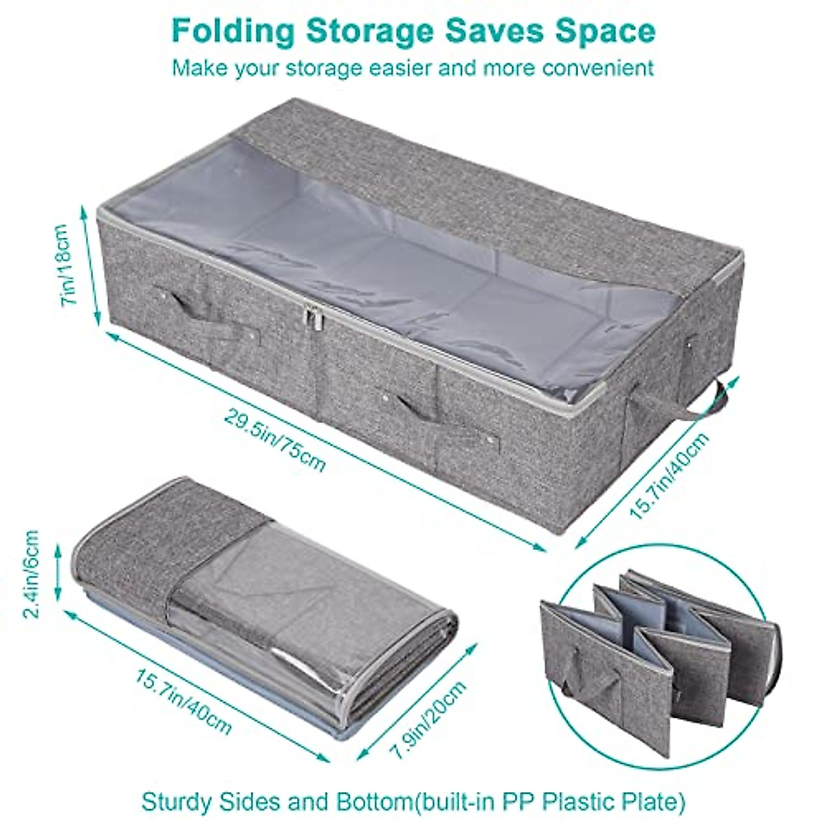 Vicyak 2 Pack Under Bed Storage Containers, 54L Large Capacity Linen Foldable Waterproof Storage Bins with Clear Window and 4 Reinforced Handles, Organizer Bags for Clothes, Blankets and Shoes