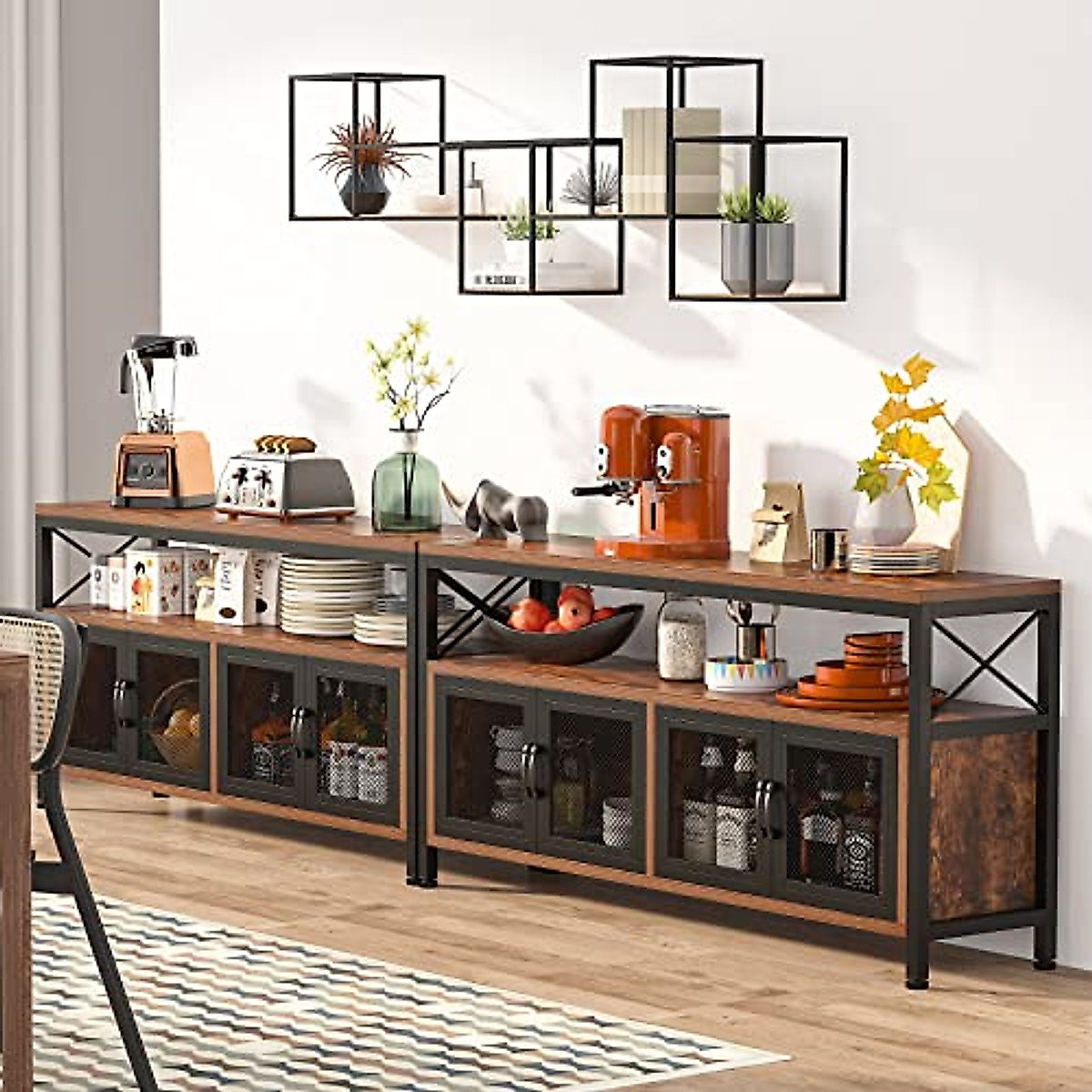 Tribesigns Buffets & Sideboards Buffet Table Bar Cabinet with 4 Mesh Doors, Farmhouse Buffet Cabinet Bar Sideboard with Storage Open Shelf, Wood Kitchen Buffet Storage Cabinet for Dining Room