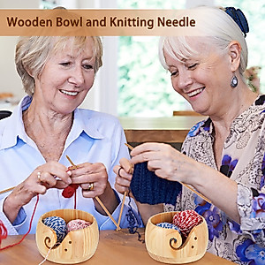 Wooden 6 x 6 x 3 Inch Yarn Bowl Crocheting Bowl Round Knitting Wool Storage Yarn Bowl Handmade with Holes 12 Pieces Crochet Hooks for Crocheting Knitting DIY Crafts Tools (Natural Color)