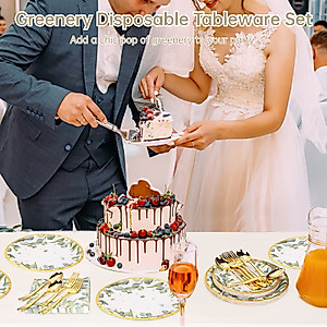 YHomU 126PCS Sage Green Party Supplies Greenery Paper Plates Napkins Cutleries Kit, Spring Eucalyptus Green Leaves Disposable Dinnerware Decor for Wedding Birthday Baby Shower