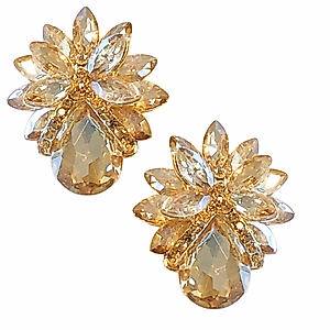 Large Art Deco Antique Vintage Retro Style Gold Citrine Honey Amber Rhinestone Bridal Bridesmaid Wedding Prom Pageant Drag Queen Statement Cluster Earrings