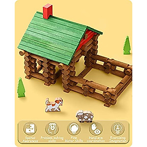 SainSmart Jr. 110 PCS Wooden Log Cabin Set Building House Toy for Toddlers, Classic STEM Construction Kit with Colorful Wood Logs Blocks for 3+ Years Old