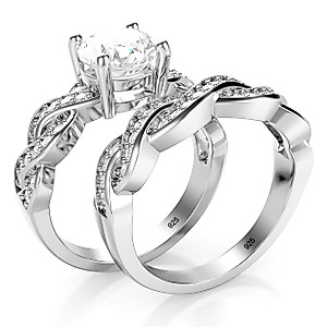 Metal Factory Sz 4 Sterling Silver 925 CZ Cubic Zirconia Infinity Wedding Engagement Ring Set