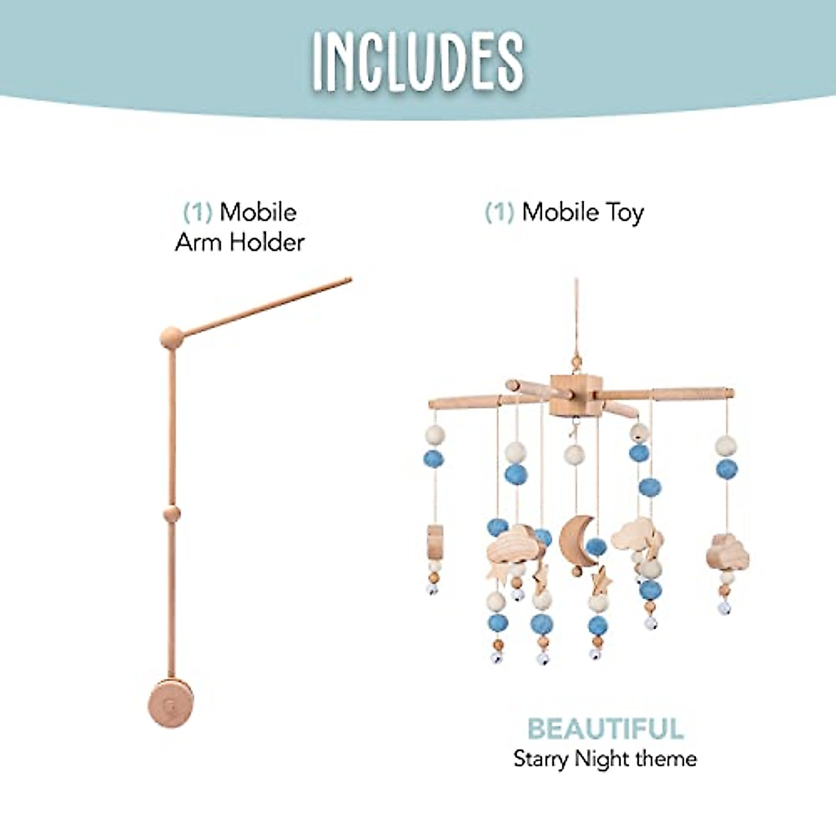 BlueMello Starry Night Baby Mobile Toy and Mobile Arm Holder 2 in 1 Set for Crib | Wooden Beads and Stars Bed Hanger for Boys and Girls | Hanging Nursery Decor for Bassinet | Perfect Baby Shower Gift