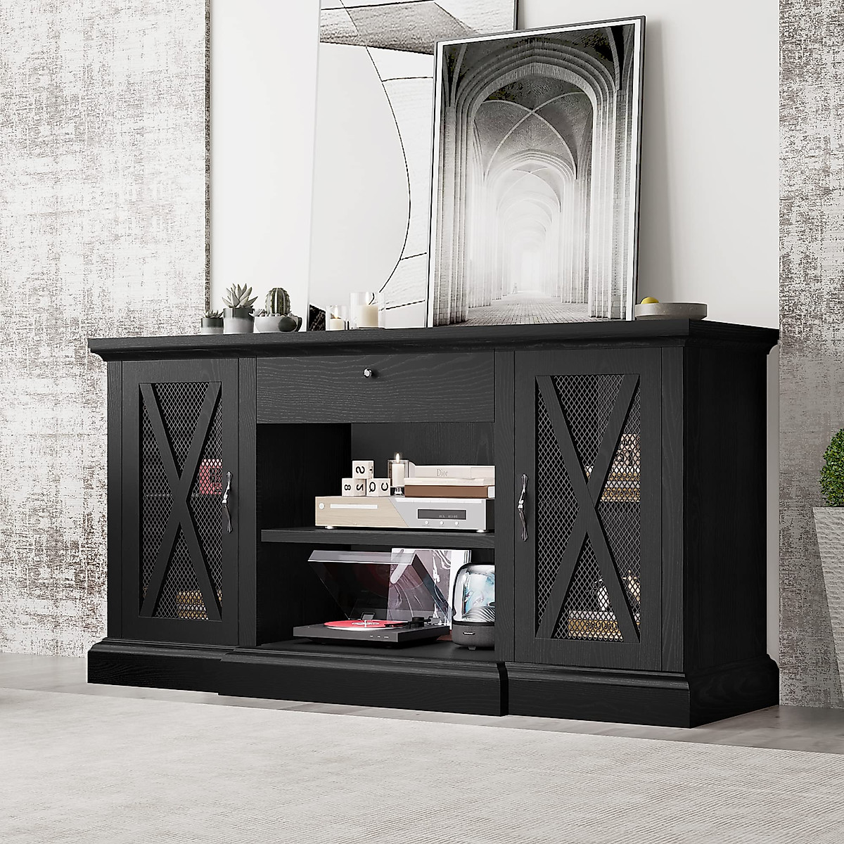 IDEALHOUSE Black TV Stand for 65+ Inch TV, Entertainment Center TV Media Console Table, Farmhouse TV Stand with Storage, Barn Doors and Shelves, Modern Tall TV Console Cabinet Furniture for Livingoom