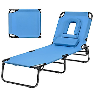 Giantex Outdoor Chaise Lounge Chair - Folding Beach Chair with 5 Adjustable Positions, Hole, Detachable Pillow, Hand Ropes, Lounger for Sunbathing, Poolside, Yard, Patio Lawn Chair
