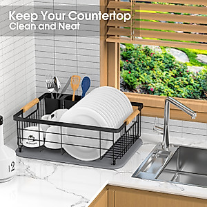 Dish Drying Rack with Diatomaceous Earth Dish Drying Mat for Kitchen Counter,15.7x11.8 inch Absorbent Non-Slip Diatomite Dish Drying Mat with Cutlery Holder（Grey）