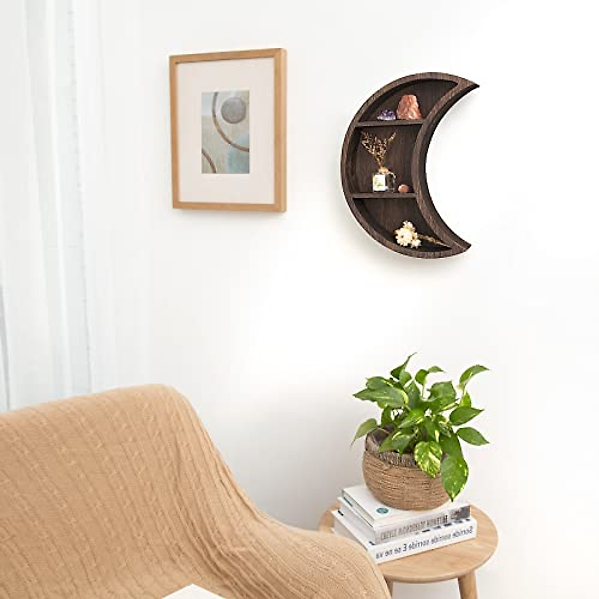 Dahey Moon Shelf Wall Mounted Moon Wall Decor Crystal Display Shelf Crescent Wooden Floating Shelves Hanging Storage for Living Room Bedroom Bathroom Kitchen Witchy Room Decor, 12" L×3" D×16" H