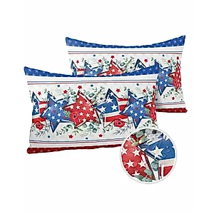 JasmineM Independence Day Star Outdoor Pillow Covers 20x12inch Set of 2, Polyester Waterproof Throw Pillow Covers Garden Cushion Decorative Case for Patio Couch Decoration, Eucalyptus Leaves Blue Red