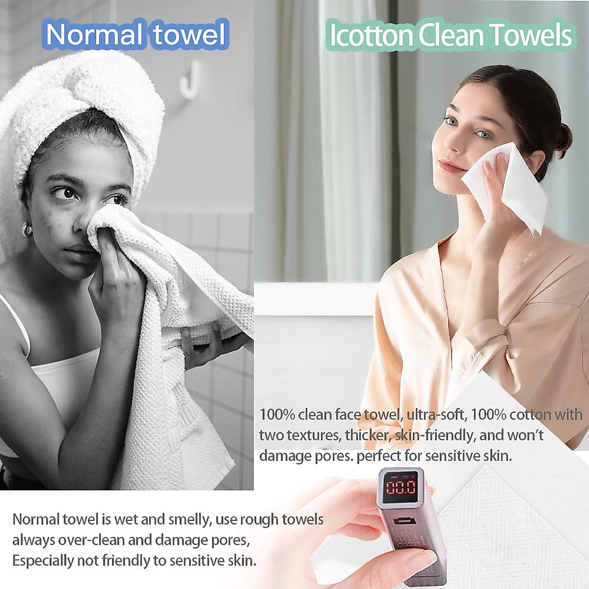 ICOTTON 2 in 1 Disposable Face Towel-100%Cotton Clean Towels for Daytime and Nighttime Use, Large Size Biodegradable Facial Cleansing Towelette Single Use Face Towel for Sensitive Skin Makeup Removing