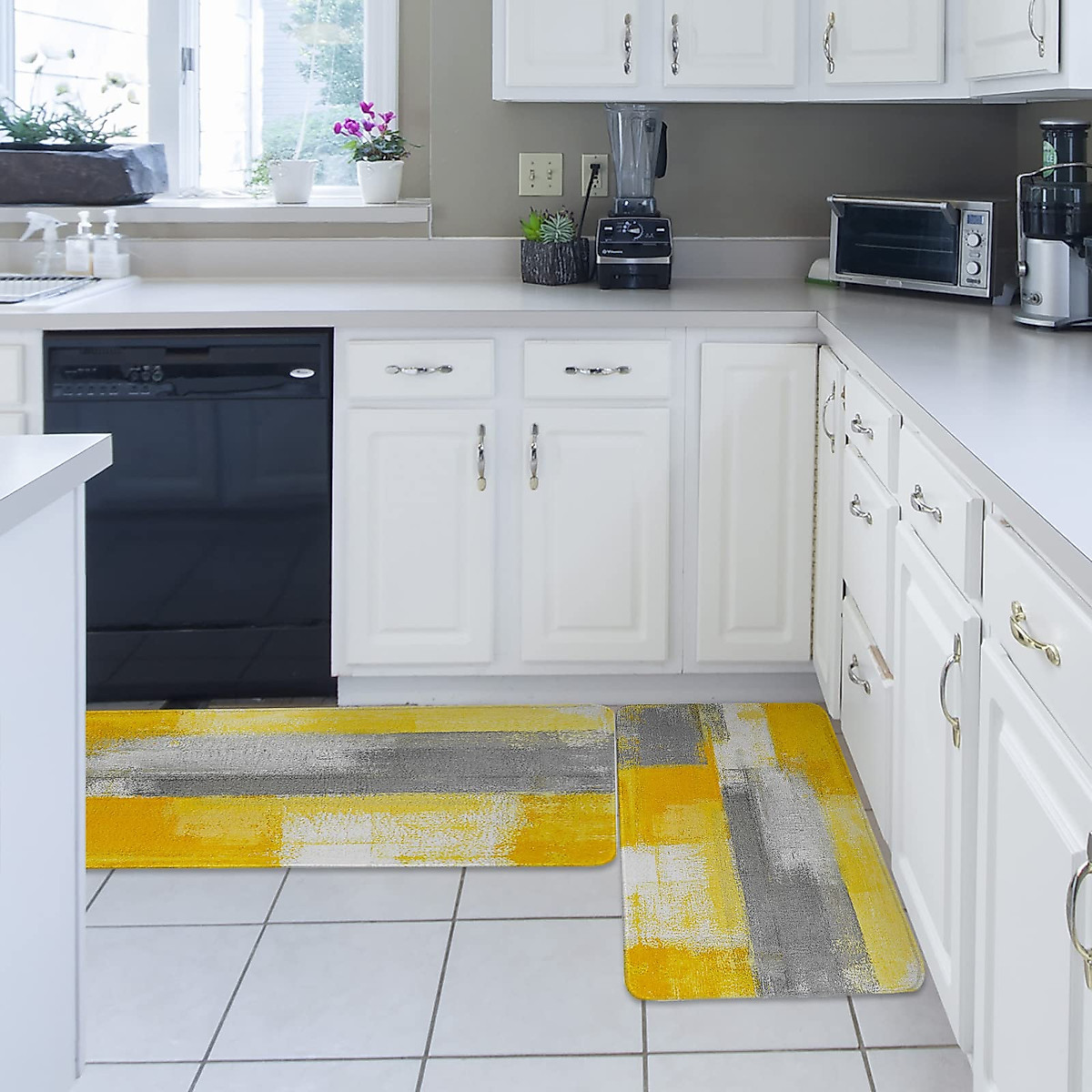 Debedcor Yellow Kitchen Rugs and Mats Set of 2, Oil Painting Non-Skid Yellow and Grey Bathroom Rugs, Kitchen Runner Geometric Rug Floor Mat for Sink/Laundry Room/Office, 15.7"x23.6"+15.7"x47.2"