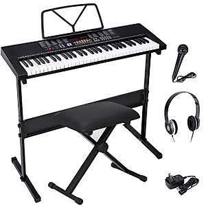 Smartxchoices 61-Key Electronic Keyboard Piano Stand Portable LED Display Keyboard Kit with Adjustable Stand, Adjustable Stool, Headphones, Microphone & Music Stand
