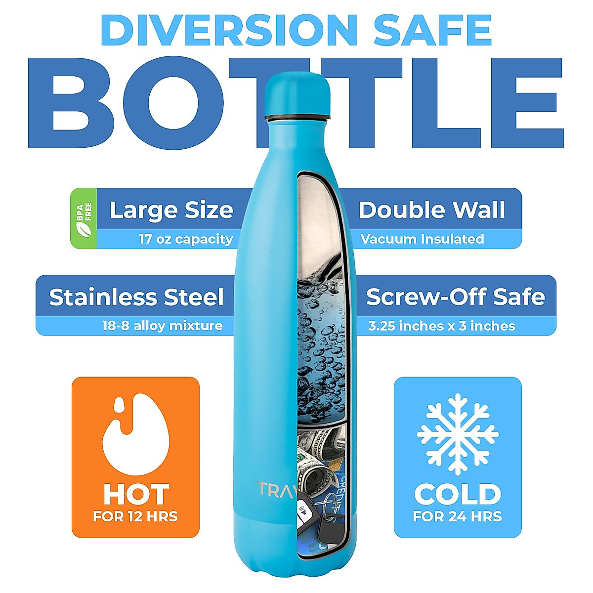Diversion Safe Water Bottle Can Hidden Bottom for Valuables 17ounce Liquid Capacity and Dry Storage Compartment Stainless Steel Vacuum Insulated Leak Proof Smell Proof Bag Included (Light Blue)