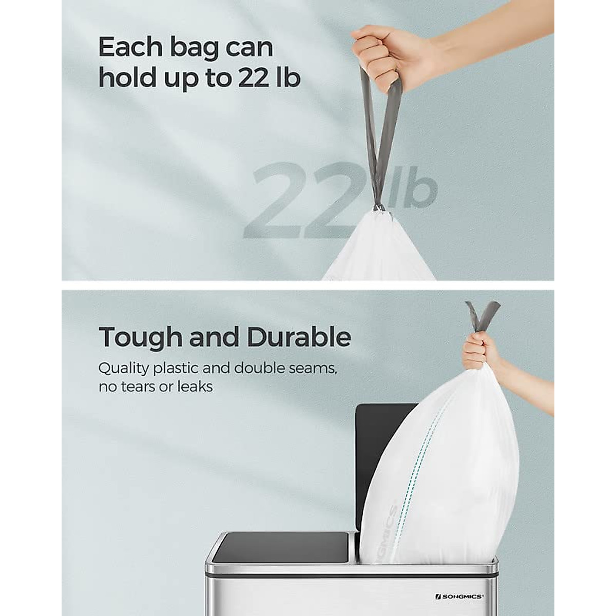 SONGMICS Drawstring Trash Bags, 8 Gallon Garbage Bags for 8-Gallon or 16-Gallon Dual Trash Cans, Trash Liners, Custom-Fit, Liner Code 30A, 2 Rolls, 90 Count, Watertight, Kitchen, White UKRB30A02