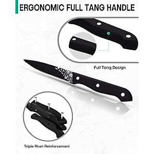 EUIRIO 8-Pieces Steak Knives,Matte Black Steak Knives Set of 8,Stainless Steel Serrated Steak Knives,Full Tang Triple-Riveted Dinner Knives with Laser Pattern,Dishwasher Safe for Kitchen Restaurant