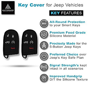 Autobase Silicone Key Fob Cover for Jeep Grand Cherokee Renegade Compass Dodge Challenger Charger Dart Durango Journey Chrysler 200 300 | Car Accessory | Key Protection Case (Black, 2 Pcs)