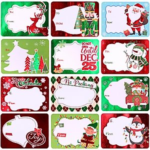 Foil Christmas Gift Tags Stickers for Presents- 96 Xmas Peel and Stick Name Tags, Self Adhesive to and from Labels, Holiday Gift Wrapping Name Stickers, Christmas Santa Tags,12 Jumbo Designs