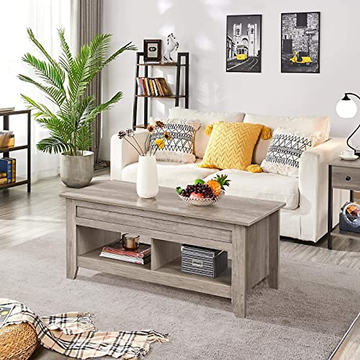 Yaheetech Lift Top Coffee Table with Hidden Storage Compartment & Lower Shelf, Lift Tabletop Farmhouse Table for Living Room Office Reception, 47.5in L, Gray