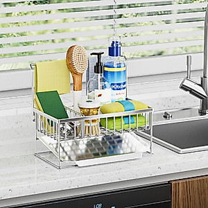 JANE EYRE Kitchen Sink Caddy - Sponge Brush Holder with Removable Slope Drip Tray SUS304 Stainless Steel Rustproof Sink Rack,(H) 9 in x (D) 5.5 in x (L) 9.84 in (Silver)