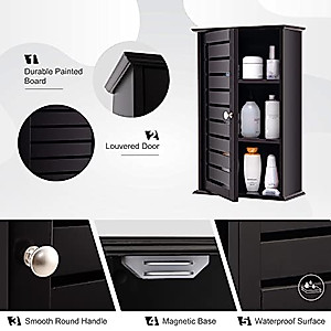 Tangkula Bathroom Wall Cabinet, Medicine Cabinet with 3 Tier Adjustable Storage Shelves with Single Louvered Door, Hanging Cupboard for Home Living Room Kitchen Bedroom Hotel (Brown)