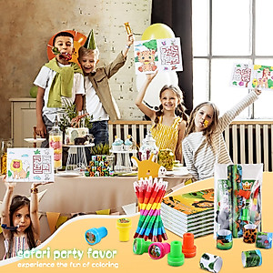BenLouis 96Pcs Jungle Safari Party Favors Zoo Animals Coloring Books Crayons Sticker Stampers Slap Bracelets Set Bulk Classroom Prizes for Kids Wild One Party Baby Shower Goodie Bags Fillers