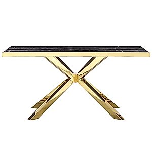 AZhome Modern Dining Room Table with Gold Stainless Steel Metal X-Base in Black Gold