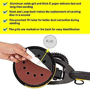 CUBEWAY 9 Inch 10 Hole Hook and Loop Abrasive Sandpaper, 30 Pcs Drywall Sander Sanding Discs, 5Pcs Each of 80 100 120 150 180 240 Grits, CW225H10