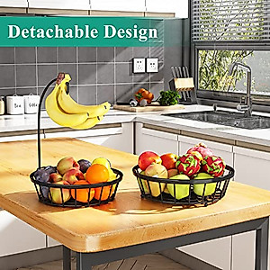 2-Tier Fruit Basket Bowl Stackable Vegetable Storage with Banana Tree Hanger Stand for Kitchen Countertop, Metal Wire Basket for Bread Onions Potatoes Black