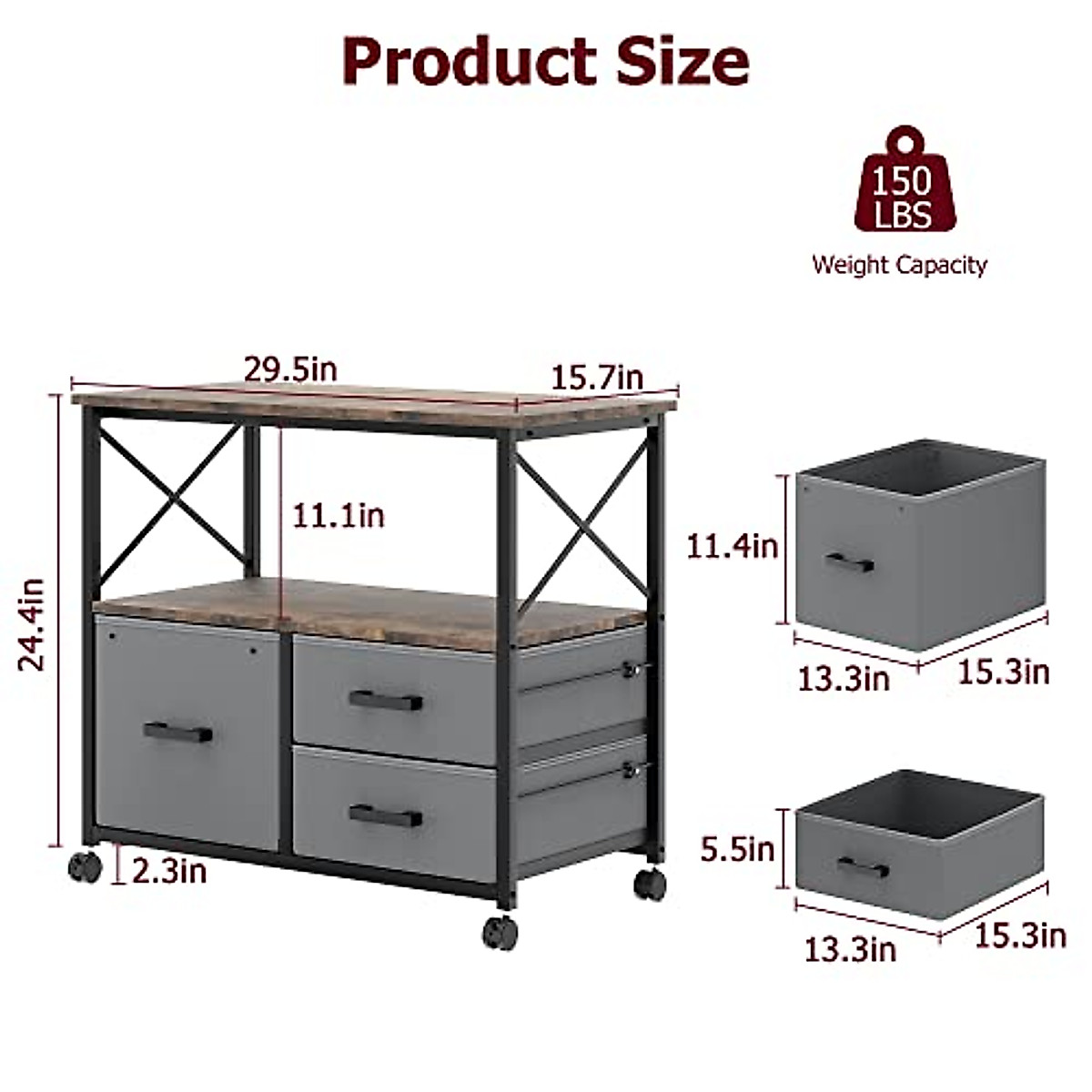 Alkmaar Lateral Rolling Filing Cabinet with 3 Drawer, Rustic Grey