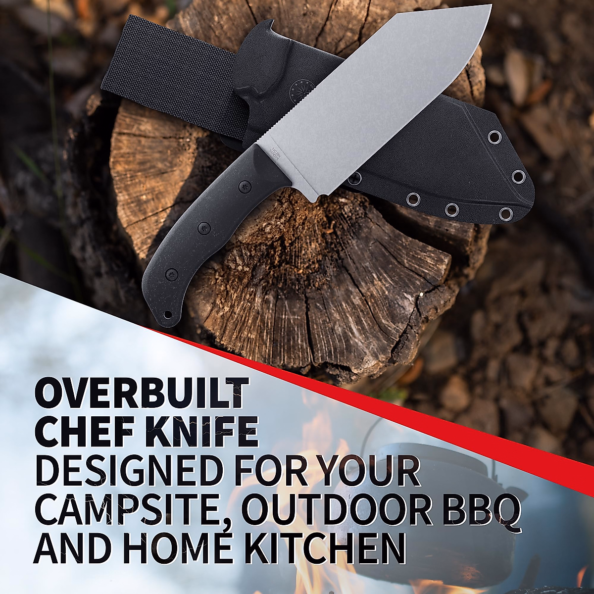 Off-Grid Knives - Grizzly V2 Chef Knife with Sandvik 14C28N Stainless Steel, Kydex Sheath and Belt Clip, G10 Scales, Lanyard Opening, Camping, BBQ & Home Kitchen Use (Stonewash)