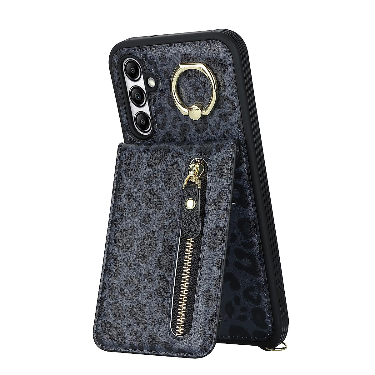 DEYHU for Samsung Galaxy A14 5G Case with Card Holder and Strap for Women,Crossbody Lanyard,Ring Stand,Snap Clasp,Phone Wallet Case - Black Leopard
