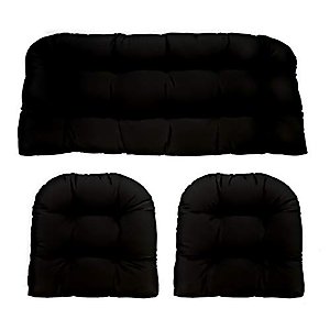 RSH Decor Indoor Outdoor 3 Piece Tufted Wicker Settee Cushions 1 Loveseat & 2 U-Shape Weather Resistant - Choose Color (Black, 2- 19"x19" 1- 41"x19"), 3 Piece Set