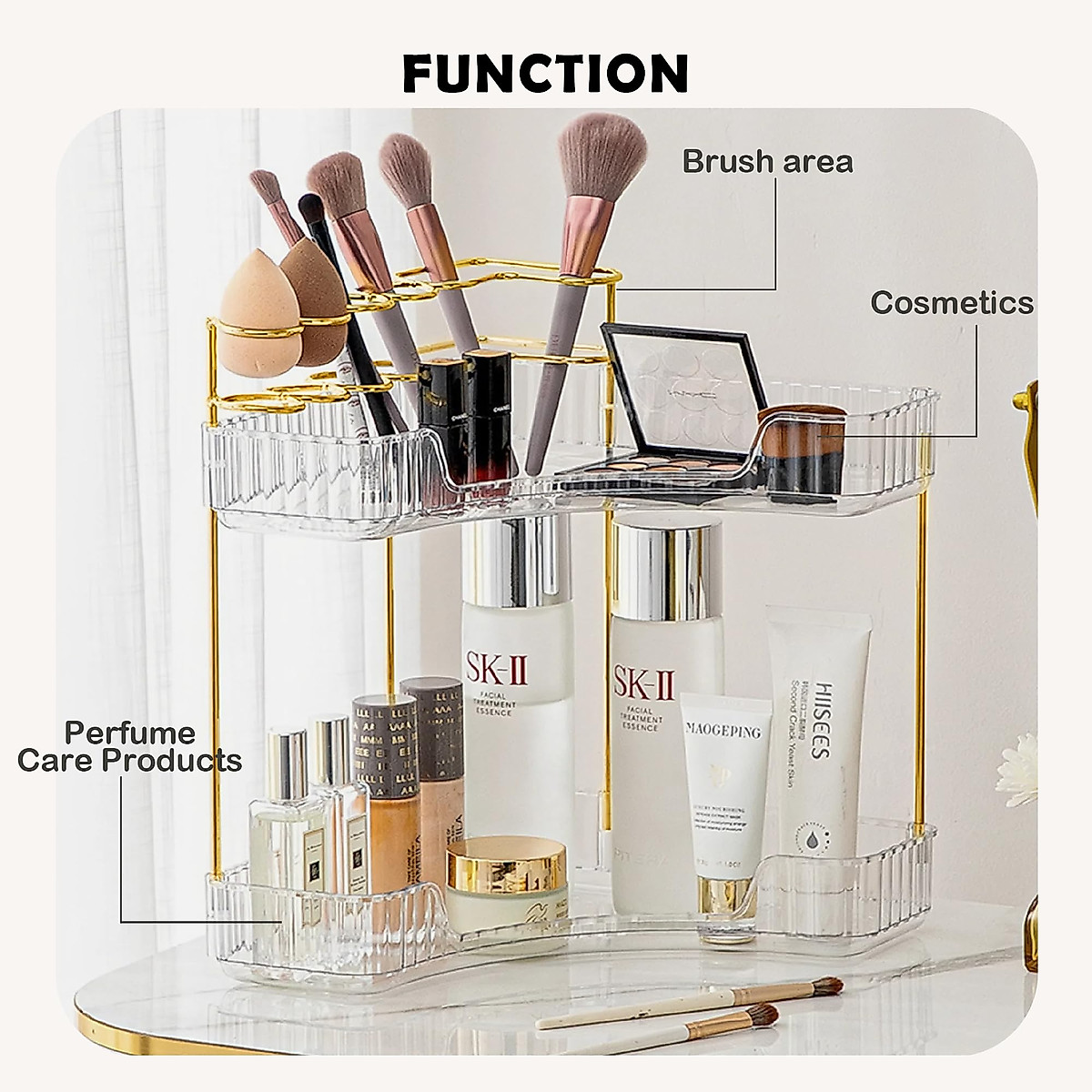 FUYOTILY 2-Tier Bathroom Counter Organizer, Multi-Purpose Makeup Organizer Countertop, Large Skincare Organizers, Exquisite Vanity Organizer with Makeup Brush Holder (Clear)