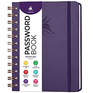 Clever Fox Password Book Spiral – Mini Internet Address & Password Organizer with Laminated Alphabetical Tabs – Small Password Keeper Journal – Hardcover, Pocket Size, 4.7x5.7” (Purple)