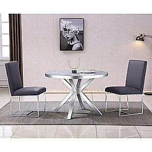 AZhome Dining Chairs, Grey PU Leather Upholstered Dining Room Chairs with Silver Stainless Steel Legs, Set of 2