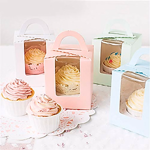50 Pack Cupcake Boxes Individual, Portable Single Cupcake Carrier With Window Insert and Handle, Cupcake Boxes Individual Blue For Bakery Wrapping