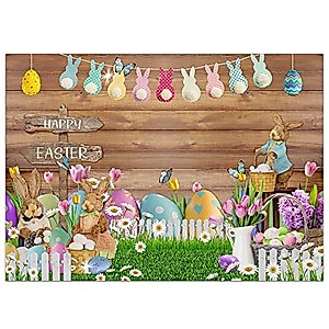 Easter Backdrop, Happy Easter Rustic Wooden Wall Photo Backdrops for Photography 7x5ft, Easter Theme Bunny Colorful Eggs Back Drops Background for Pictures Spring Party Decorations Banner Booth Props