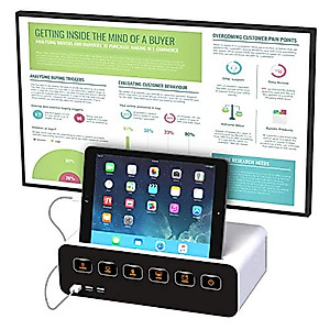 Kantek Cable Management Power HUB and Stand with USB Charging Ports, 5 OUTLETS, 3 USB, 6.5 FT Cord, White