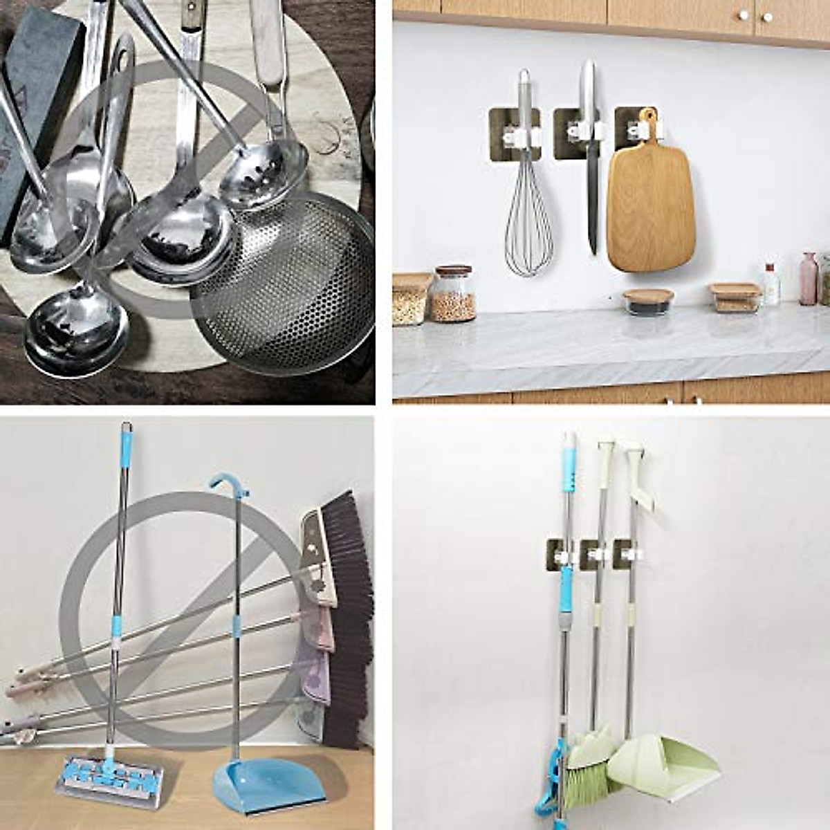 4PCS Mop Broom Holder, Wall Mounted Broom Clip Mop Grippers, Self-Adhesive No Drilling Mop Broom Racks, Super Anti-Slip Utility Hooks for Home, Bathroom, Kitchen, Garden, Garage