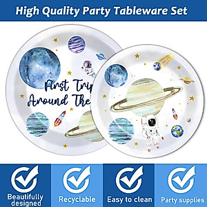 ZOIIWA 200 PCS First Trip Around the Sun Birthday Tableware Disposable 1st Space Party Supplies Outer Space Birthday Party Paper Plates Napkins Forks Baby Shower Party Decoration Serve 50 guest