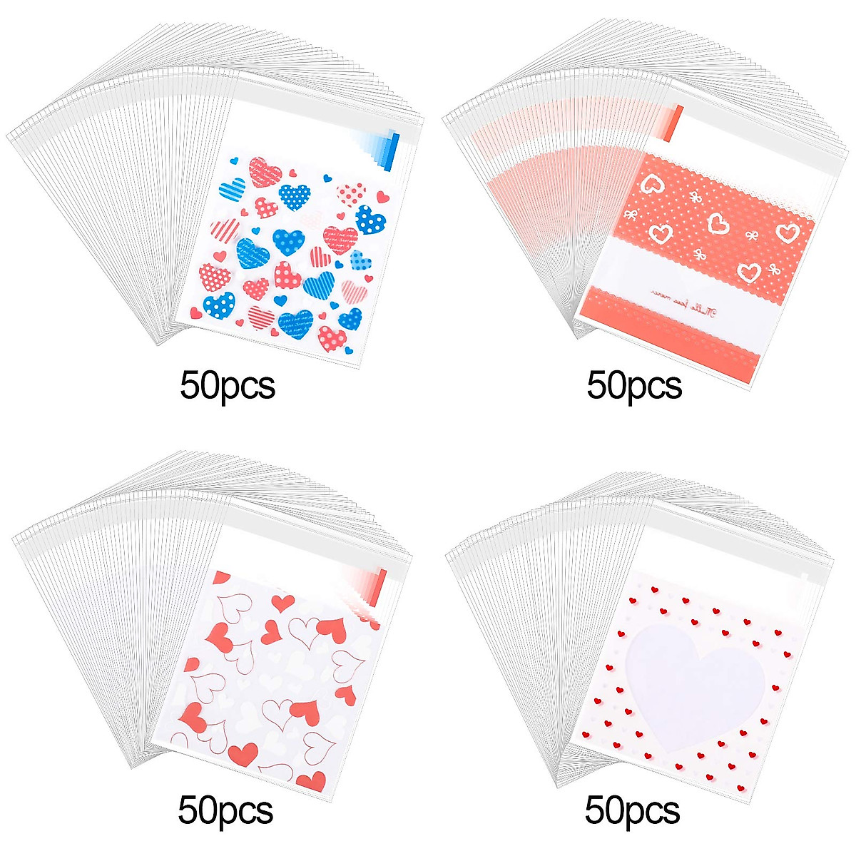Konsait 200pcs Valentines Cellophane Bags, Valentines Cookie Candy Treat Bags Self-Adhesive Sweets Biscuit Bags Plastic Bags for Valentines Party Favors Supplies, Heart Gifts Goody Bags